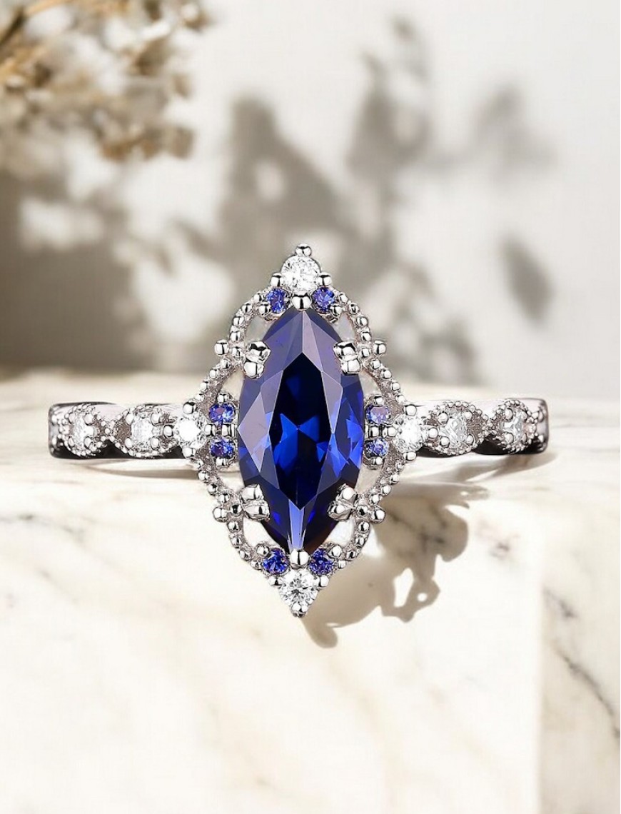 Markiz Safir Ve Pırlanta Vintage Tasarım Yüzük | MY DIAMOND