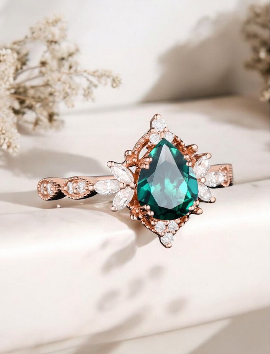 Damla Zümrüt Ve Markiz Pırlantalı Vintage Yüzük | MY DIAMOND